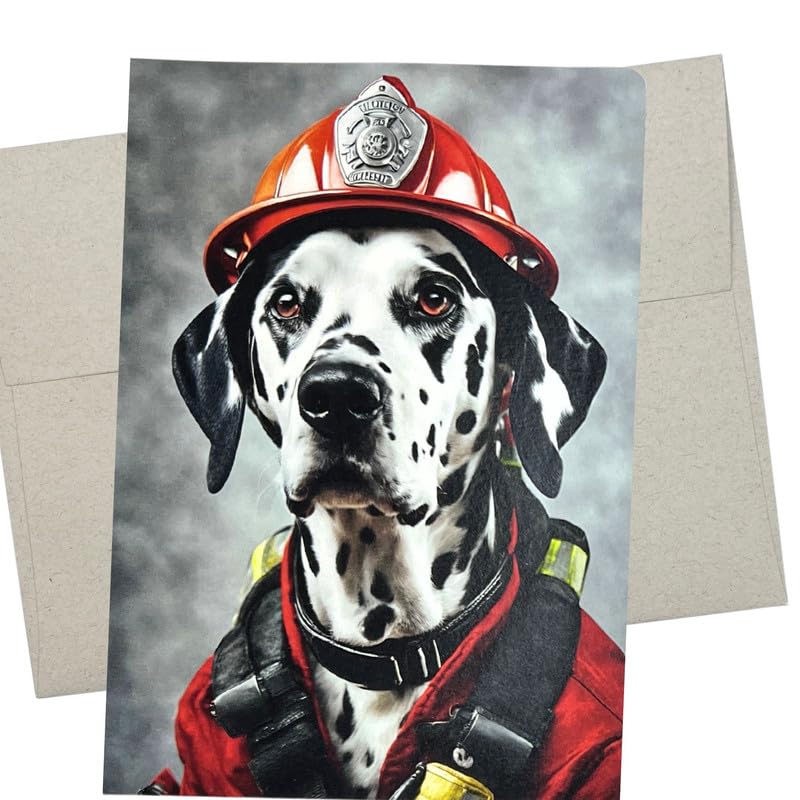 Dalmatian Firefighter Card (7X5 Inch and Blank Inside for All Occasions) also for fire academy graduation or retirement or fireman birthday card - 980