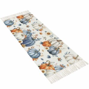 Thanksgiving Orange Blue White Pumpkins Hallway Runner Rug 2x6ft,Fall Eucalyptus Washable Woven Living Room Bedroom Kitchen Bathrom Carpet with Tassels Indoor Outdoor Throw Door Mat for Entryway