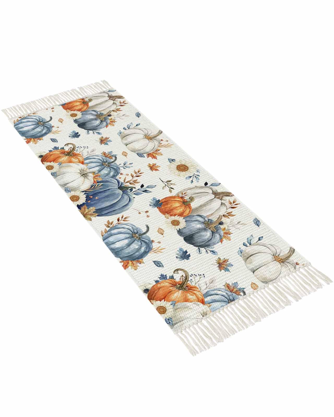 Thanksgiving Orange Blue White Pumpkins Hallway Runner Rug 2x6ft,Fall Eucalyptus Washable Woven Living Room Bedroom Kitchen Bathrom Carpet with Tassels Indoor Outdoor Throw Door Mat for Entryway