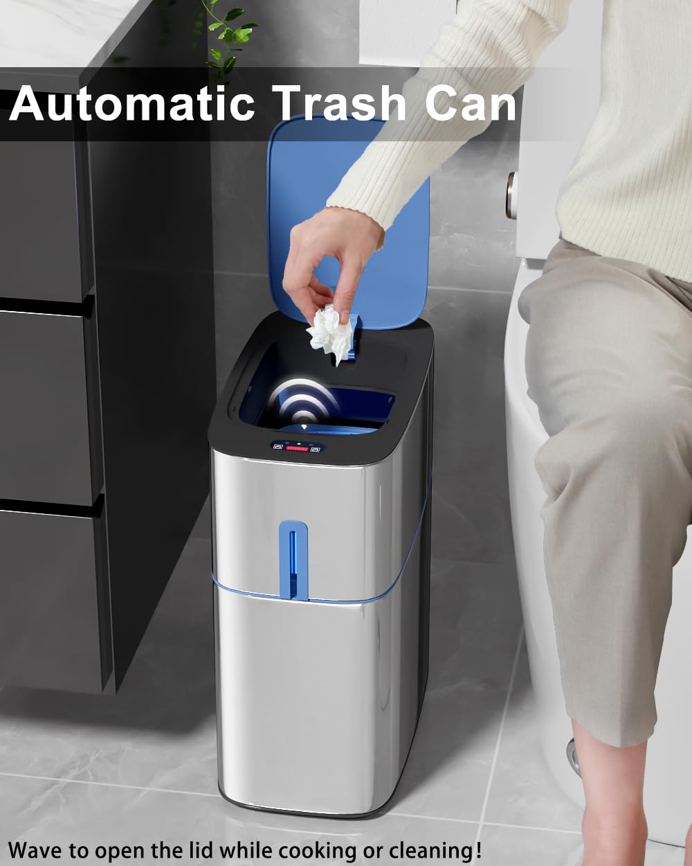 CTIME Slim Motion Sensor Bathroom Trash can Automatic touchless,Stainless Steel Garbage can with lid,3 Gallon Waste Basket,Smart bin Electric Trash cans (Includes 8 Bag Roll)