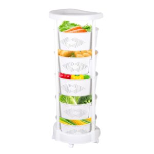 rotating storage rack for kitchen, 5 tiers round rotating kitchen storage shelf with wheels, organization and storage rack for fruits and vegetables, bathroom shelf, kitchen