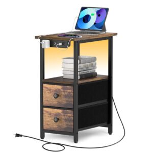 OUTONLIFE Side Table with LED Dimmable Light & Charging Station, Nightstand with 2 Fabric Drawers, 2 USB Ports & AC Outlet, Narrow End Table with Storage for Bedroom, Living Room, Office, Small Space