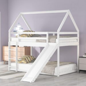 DreamBuck House Bunk Bed with Slide, Solid Wood Low Bunk Bed Twin Over Twin with Roof and Safety Guardrail, Twin Floor Bunk Bed for Kids Teens Girls Boys, No Box Spring Needed, White