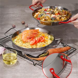 Alunsito Paella Pan, 10 Inch Stainless Steel Skillet Griddle Pan with Red Handle Non-Stick Cooking Pan Suitable for Cooktops Including Induction