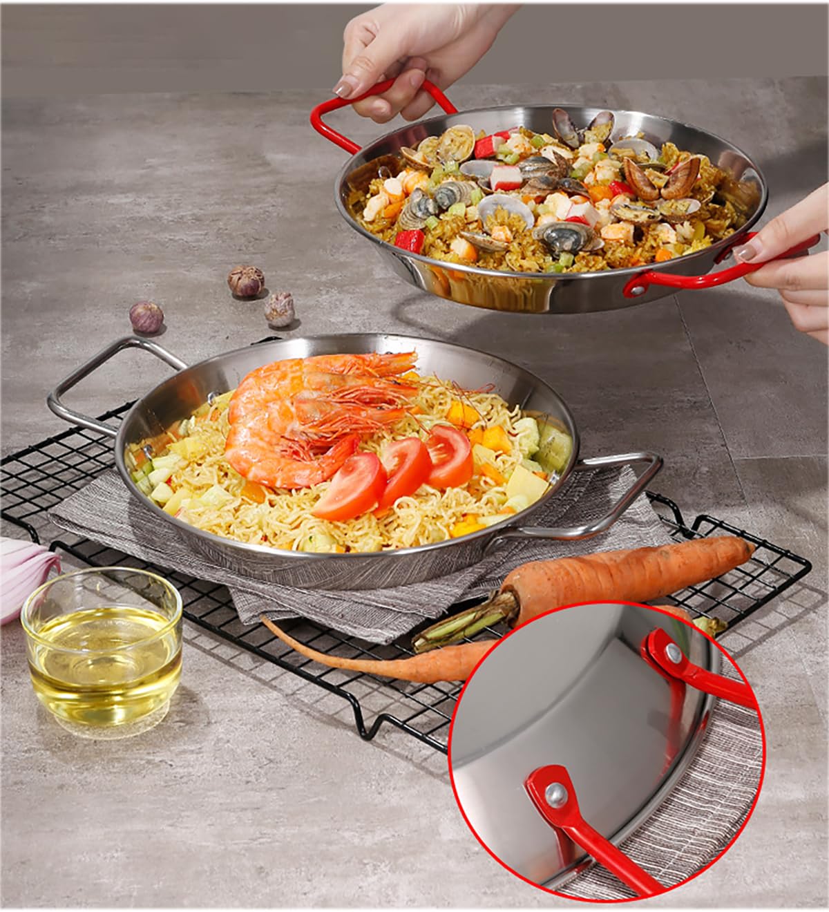 Alunsito Paella Pan, 10 Inch Stainless Steel Skillet Griddle Pan with Red Handle Non-Stick Cooking Pan Suitable for Cooktops Including Induction