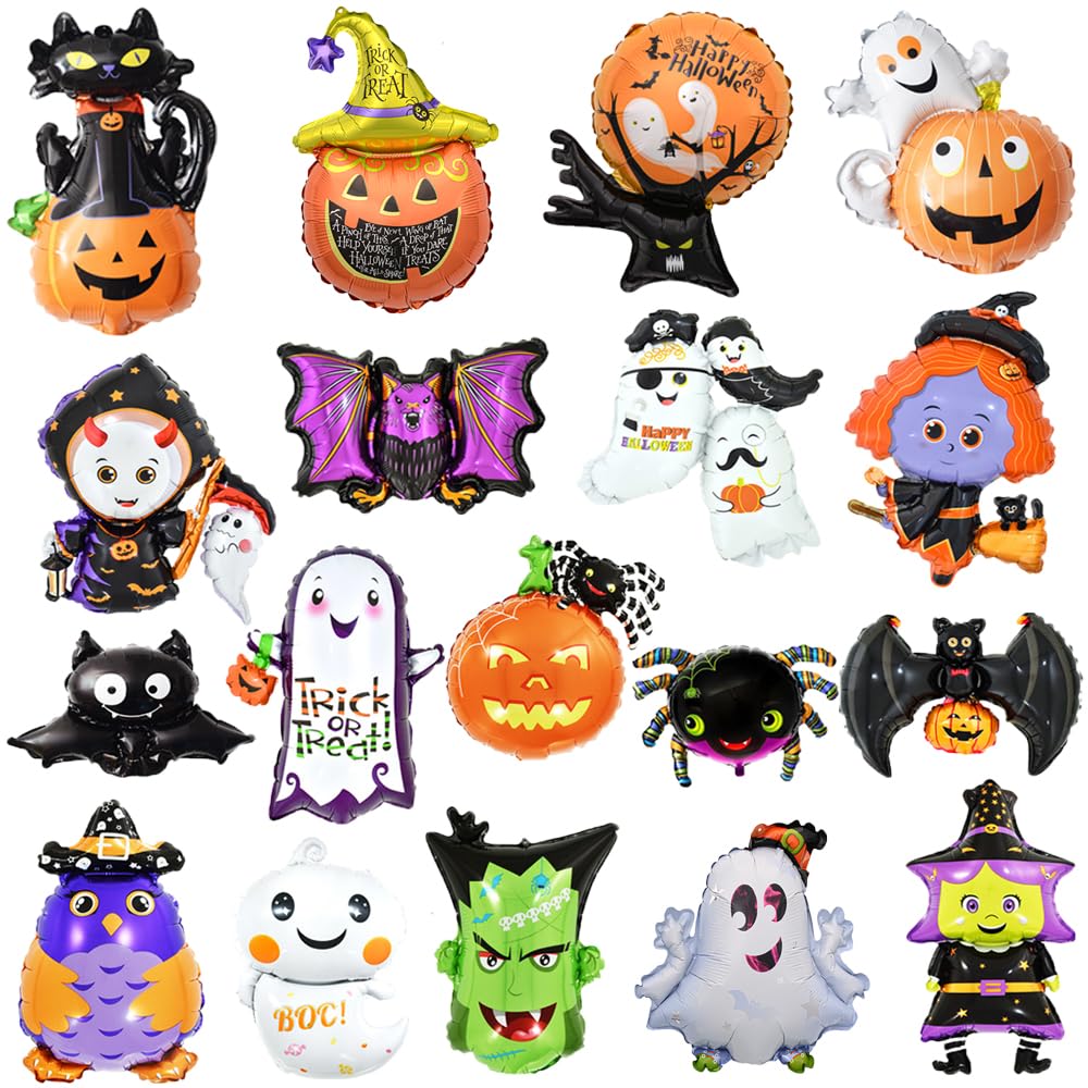 19 Pcs Halloween Foil Balloons, Halloween Party Balloons Pumpkin Ghost Spider Witch Wizard Black Cat Monster Bat Balloon for Halloween Party Decorations Supplies