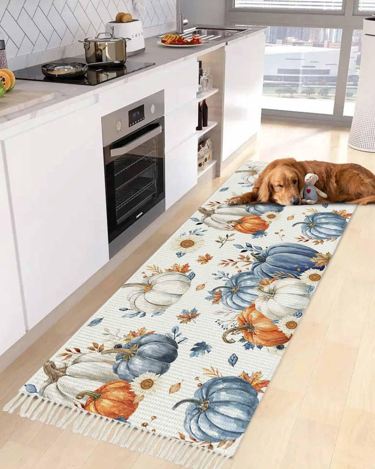 Thanksgiving Orange Blue White Pumpkins Hallway Runner Rug 2x6ft,Fall Eucalyptus Washable Woven Living Room Bedroom Kitchen Bathrom Carpet with Tassels Indoor Outdoor Throw Door Mat for Entryway