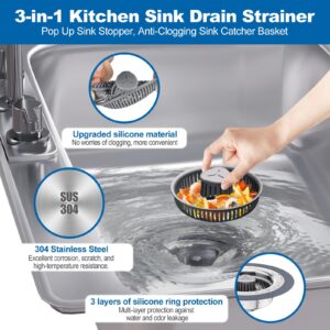 Auspok Upgraded 3 in 1 Kitchen Sink Silicone Drain Strainer Set, 304 stainless steel sink stopper, silicone anti-clogging catcher basket,3-layer leak-proof ring Filter for US standard 3-1/2 inch drain