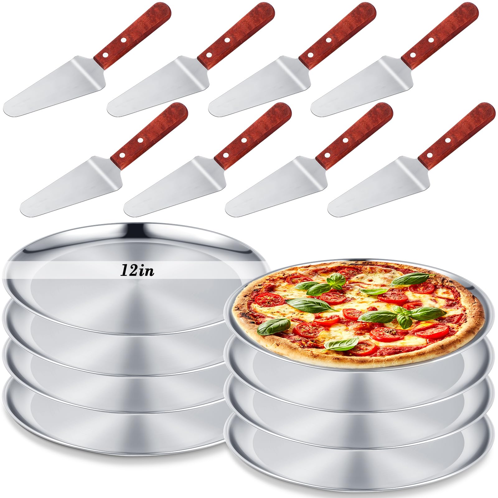 Thenshop 16 Pcs 12'' Pizza Pans Pie Pizza Servers Set, 8 Stainless Steel Pizza Pan Trays 8 Pie Spatula with Wood Handle Cutting Shoveling Pizza Cake Serving Utensils for Oven Baking Kitchen Restaurant