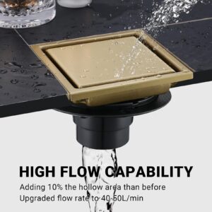 4 Inch Gold Shower Drain, SUS304 Stainless Steel Square Bathroom Floor Drain with Flange Reversible 2-in-1 Cover Insert Tiles for Filtering, Brushed Gold