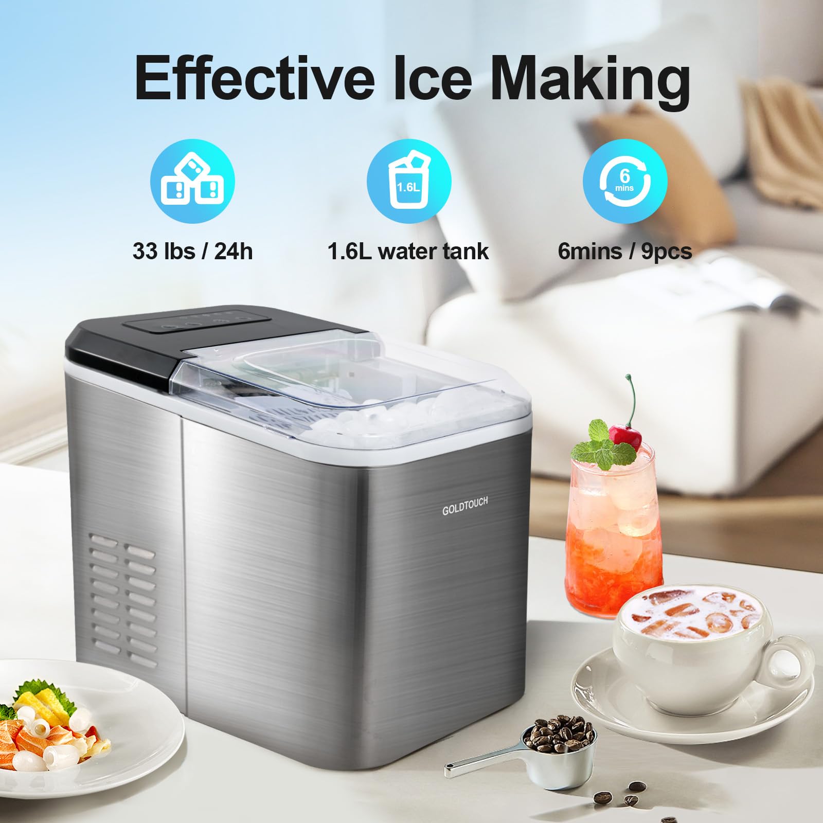 Ice Maker Countertop 9 Pcs Ice in 6 Mins 33lbs/24h Stainless Steel Compact Ice Maker Machine with Self Cleaning for Home, Restaurants, Bars, and RV