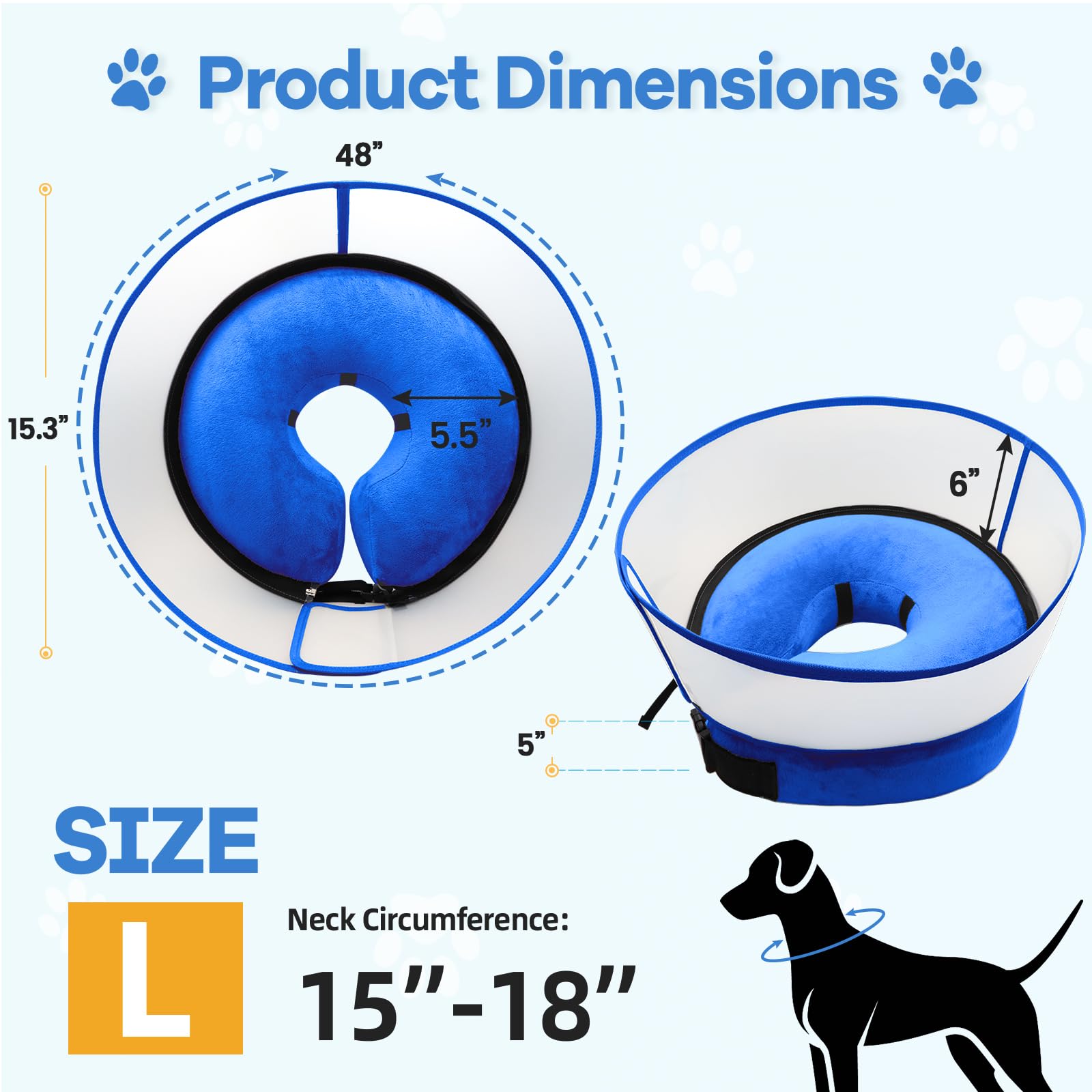 NoarWin Inflatable Dog Cone Collar, Soft Dog Cone for Dogs After Surgery, 2-in-1 Inflatable Dog Cone with Detachable Anti-Licking Shield, Adjustable Dog Cone Collar, Elizabethan Collar (L, Blue)