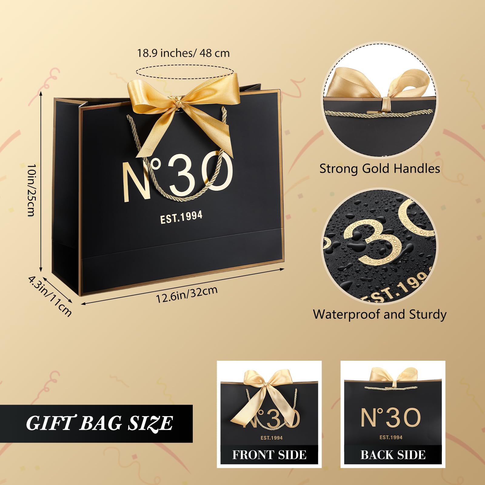 Kolldenn 30th Birthday Gift Bag Medium Black Gold 30th Birthday Paper Bag N°30 EST. 1994 Keepsake Metallic Printing 30 Birthday Party Present 1994 Wife Husband 30 Year Old Paper Bag for Gift Wrapping