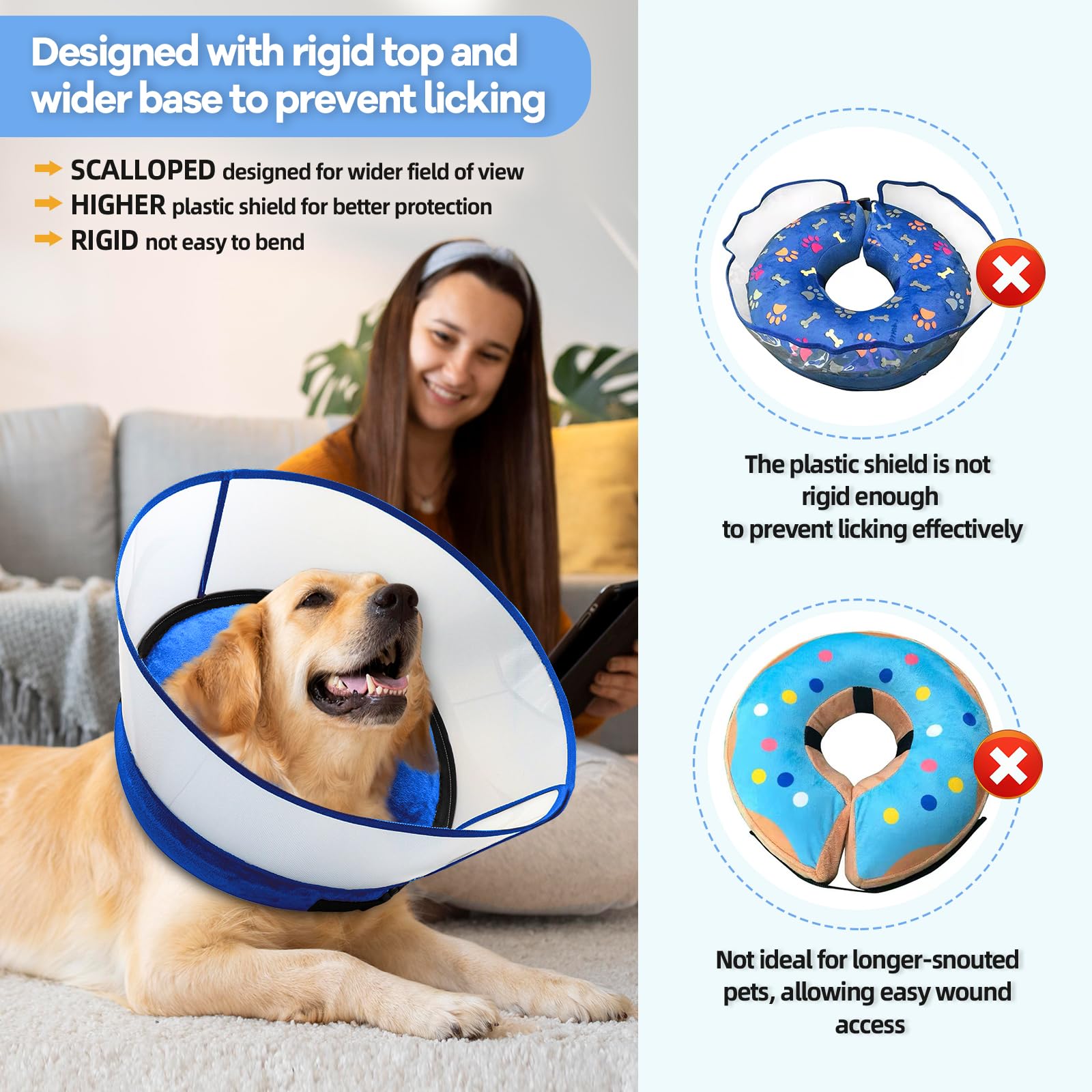 NoarWin Inflatable Dog Cone Collar, Soft Dog Cone for Dogs After Surgery, 2-in-1 Inflatable Dog Cone with Detachable Anti-Licking Shield, Adjustable Dog Cone Collar, Elizabethan Collar (L, Blue)