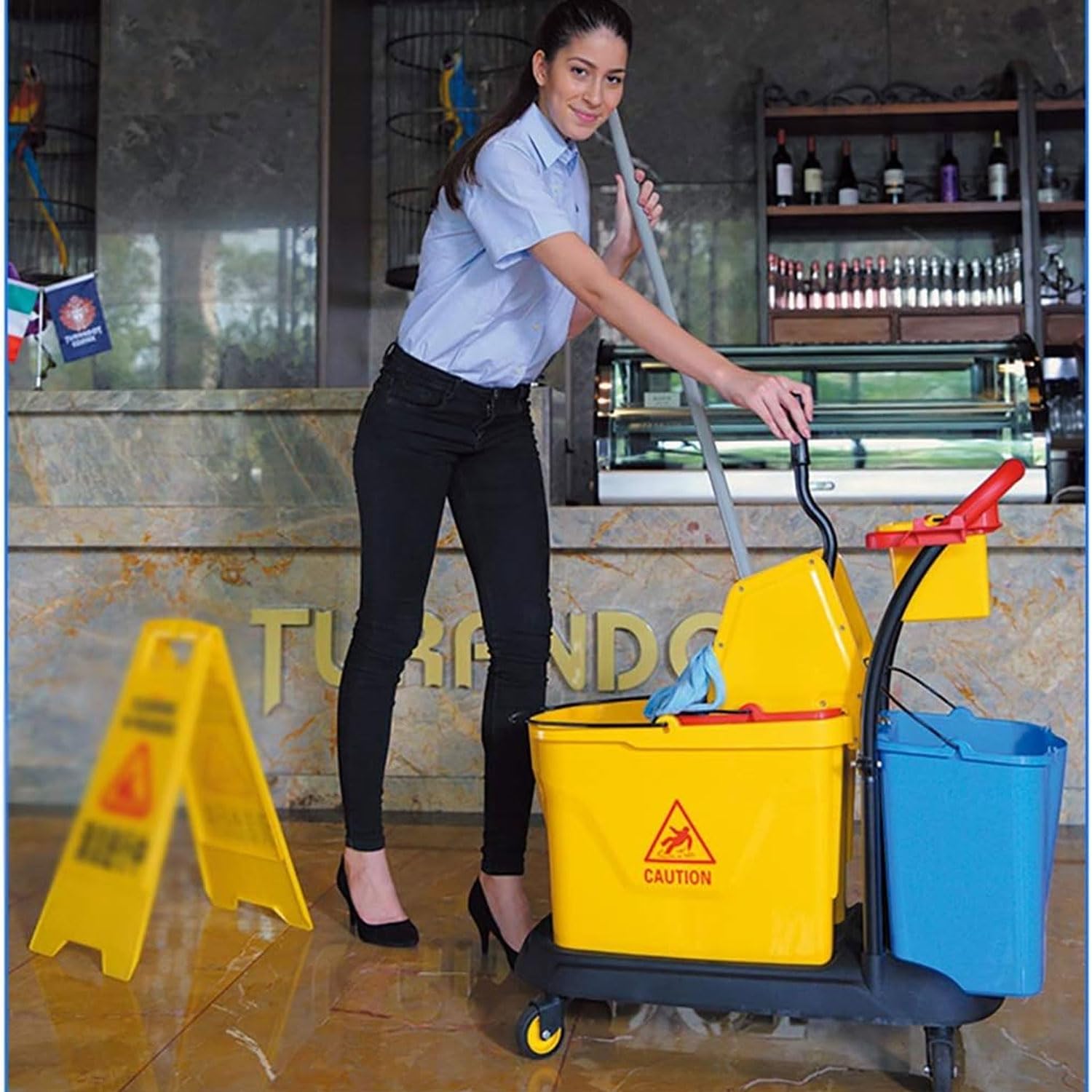 Commercial Cleaning Cart, 35L Removable Mop Bucket with Wheels, with Water Filter and Separator, Multifunctional Downward Pressure Water Press Truck for Hotels, Restaurants, Offices