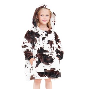 cow print wearable blanket hoodie for kids oversize blanket hoodies cozy black and white fleece sweatshirt blanket gifts for girls boys 2-5 year old