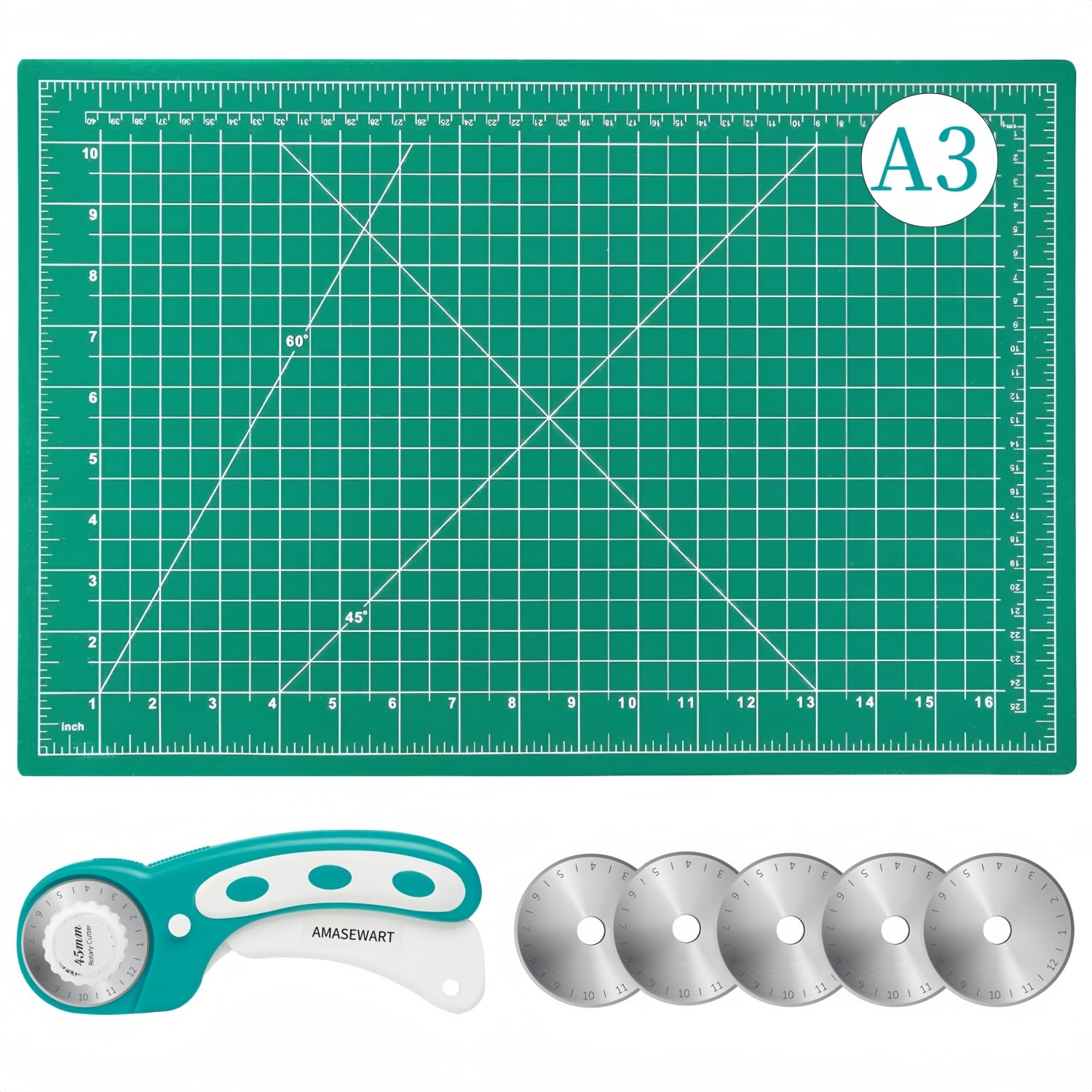 AMASEWART 45mm Rotary Cutter and Mat Set, Fabric Cutter Wheel and Mat, 12x18 Inch Self Healing Sewing Cutting Mat and Fabric Rotary Cutter with 5pcs Rotary Blades for Quilting Patchworking Crafts