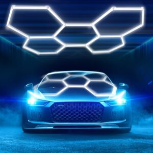 jesled hexagon garage lights, 192w 21120lm super bright hexagon ceiling light, 5 grid systems hexagon led garage lights for warehouse, workshop, car detailing shop, basement, and gym