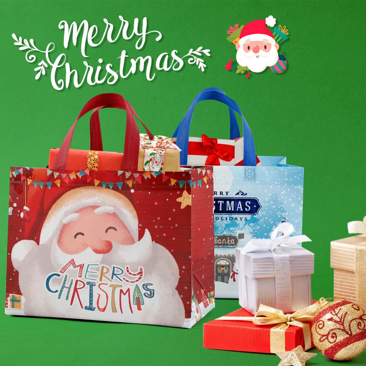 Bszatan Christmas Gift Bags,Christmas Tote Bags with Handles, Christmas Treat Bags, Multifunctional Non-Woven Christmas Bags for Gifts Wrapping Shopping, Xmas Party Supplies, 13"×9.8"×6.6", 4 Pack