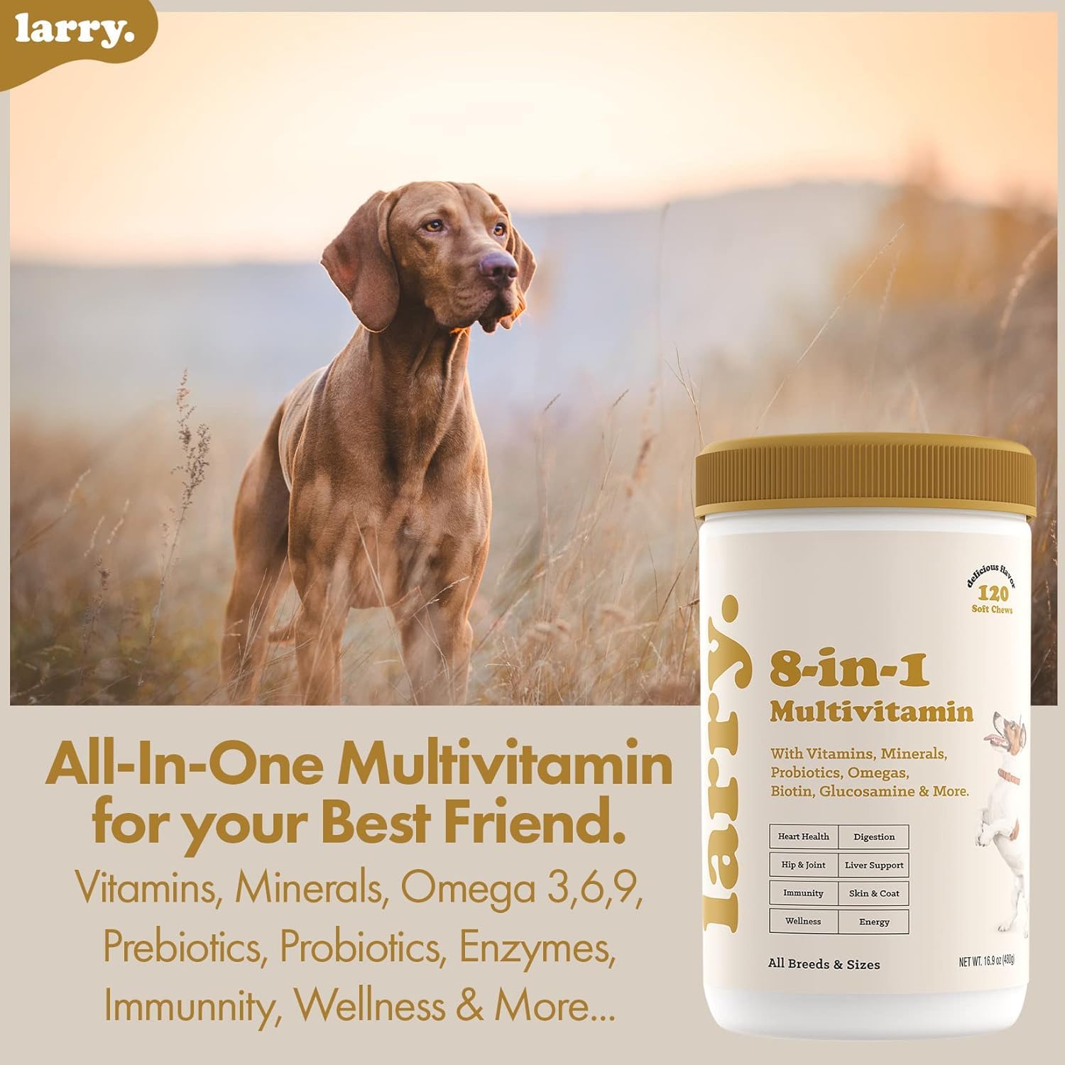 Larry 8-in-1 Multivitamin Dog for Small Dogs | Heart, Digestion, Liver, Skin, Coat, & Joint Support for Dogs | with Vitamins, Minerals, Omegas, & Glucosamine Chondroitin | 60 Soft Chews