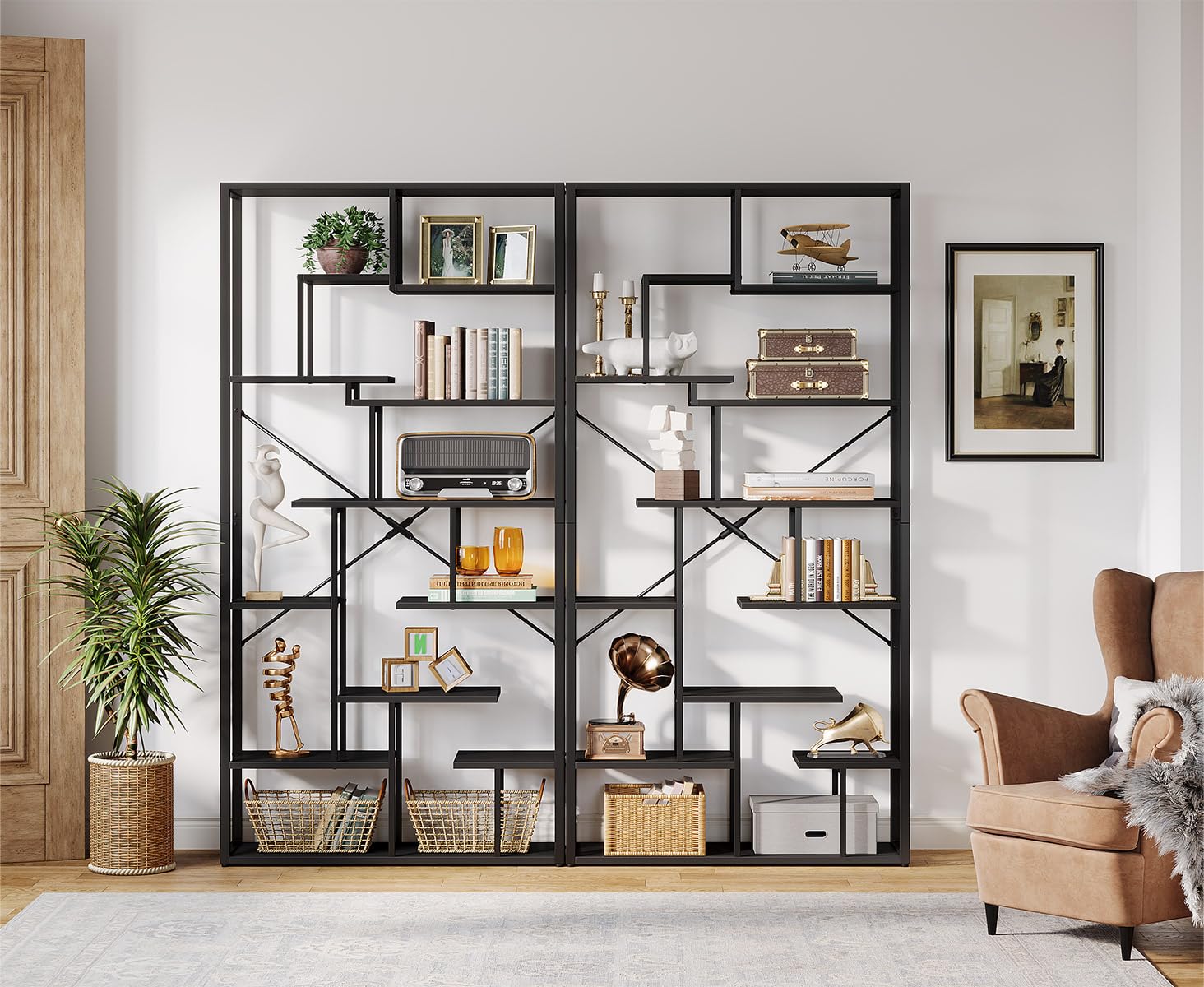 Tribesigns 79'' Tall Etagere Bookshelf, 7-Tier Black Bookcase with 12-Open Storage Shelves, Modern Vertical Wood Display Shelving Unit for Living Room, Home Office, Bedroom, Black