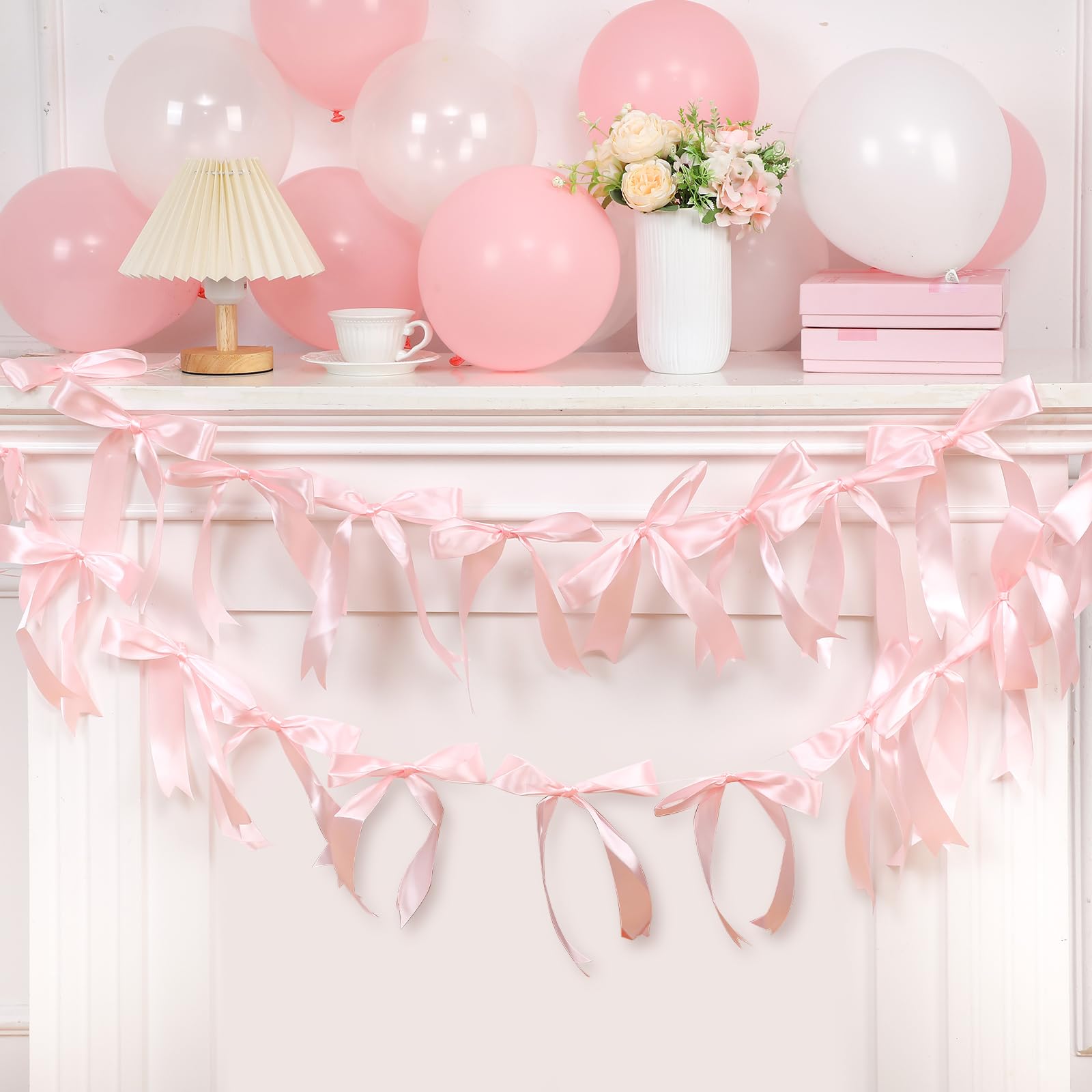 Fanfanwin 2 Pcs 5.3ft Pink Bow Garland Banner Party Decorations Coquette Birthday Decorations Pink Bow for Coquette Bachelorette Party Baby Bridal Shower Cake Smash Decor She's Tying The Knot 22 Bows