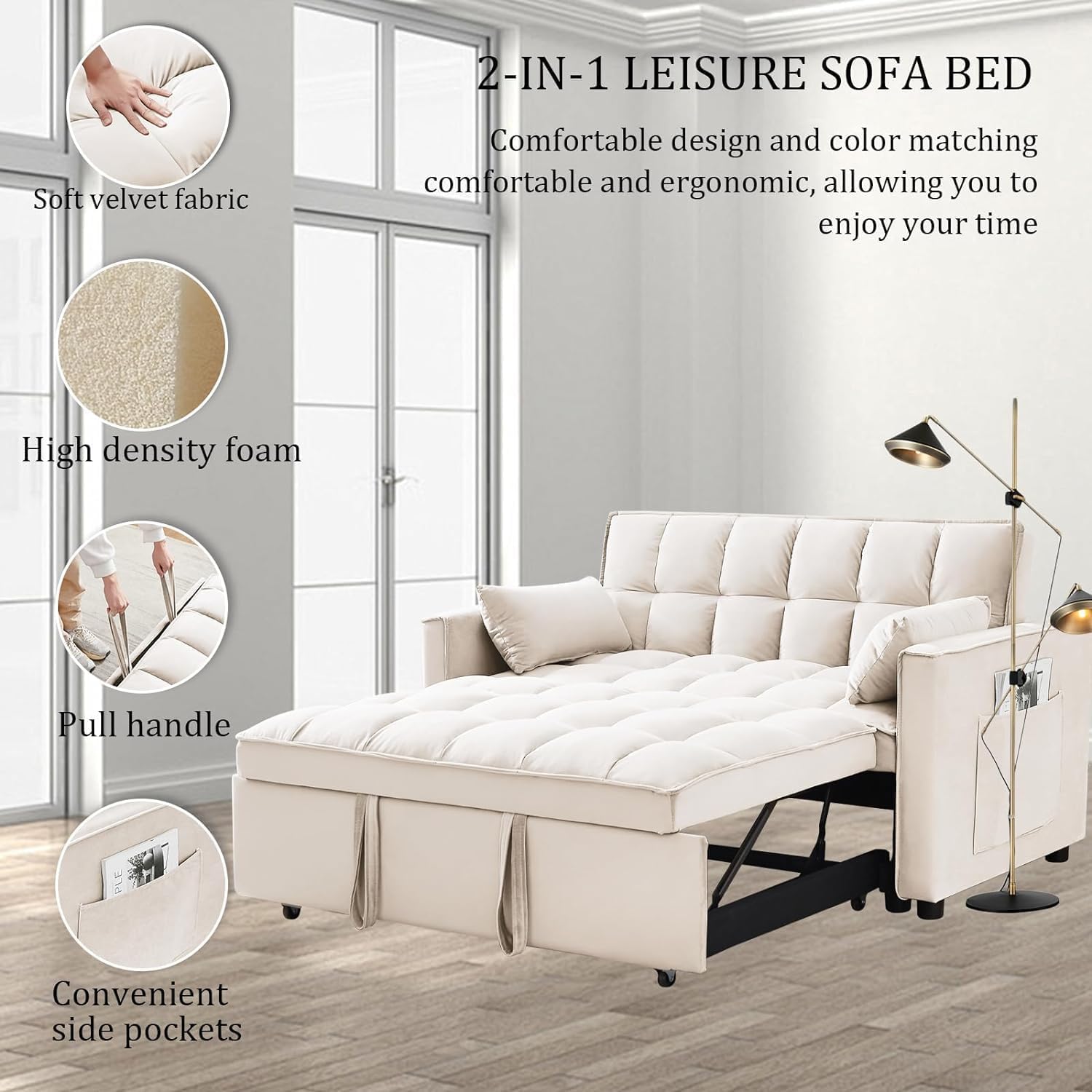 SPOWAY 3 in 1 Sleeper Sofa Couch Bed, Velvet Convertible Loveseat Sleeper Sofa with 3 Level Adjustable Backrest, Storage Pockets, Toss Pillows, Pull Out Loveseat Sleeper for Living Room, Beige