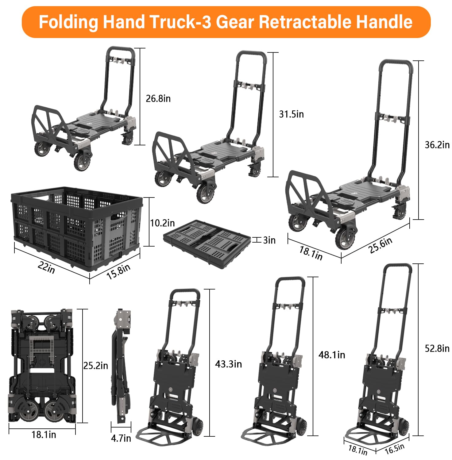 2-in-1 Folding Hand Truck with Folding Basket, 330LBS Capacity Heavy Duty Dolly with Retractable Handle, 4 Wheels and 2 Wheels Convertible Dolly Cart, Utility Luggage Cart with 2 Elastic Ropes