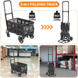 2-in-1 Folding Hand Truck with Folding Basket, 330LBS Capacity Heavy Duty Dolly with Retractable Handle, 4 Wheels and 2 Wheels Convertible Dolly Cart, Utility Luggage Cart with 2 Elastic Ropes