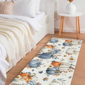 Thanksgiving Orange Blue White Pumpkins Hallway Runner Rug 2x6ft,Fall Eucalyptus Washable Woven Living Room Bedroom Kitchen Bathrom Carpet with Tassels Indoor Outdoor Throw Door Mat for Entryway