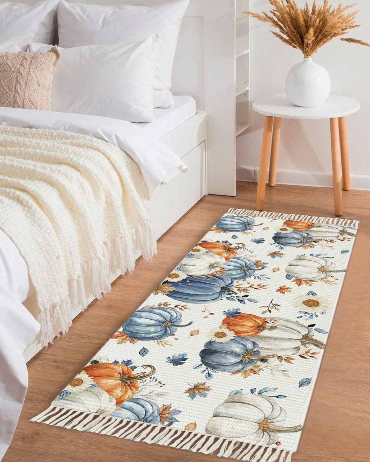 Thanksgiving Orange Blue White Pumpkins Hallway Runner Rug 2x6ft,Fall Eucalyptus Washable Woven Living Room Bedroom Kitchen Bathrom Carpet with Tassels Indoor Outdoor Throw Door Mat for Entryway