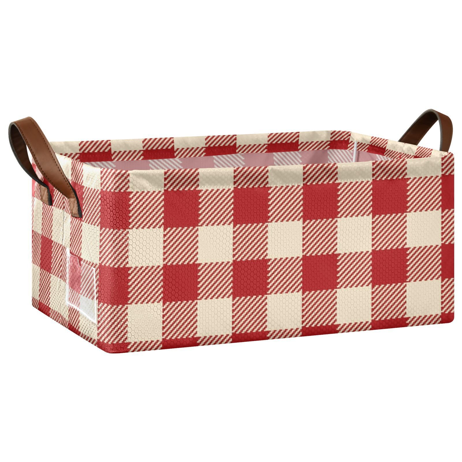 susiyo Stylish Retro Red Checkered Plaid Pattern Fabric Storage Baskets Small Storage Bins with Handles - 1 Piece