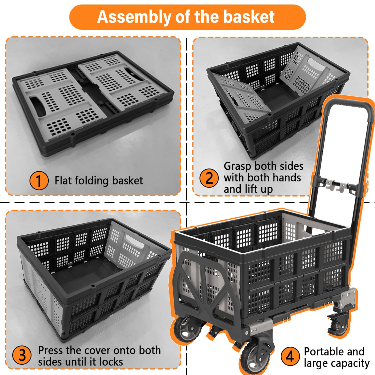 2-in-1 Folding Hand Truck with Folding Basket, 330LBS Capacity Heavy Duty Dolly with Retractable Handle, 4 Wheels and 2 Wheels Convertible Dolly Cart, Utility Luggage Cart with 2 Elastic Ropes