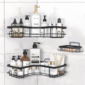 soly corner shower caddy,3 pack adhesive shower corner organizer shelves, rustproof stainless steel no drilling rack with hooks&soap holder for bathroom, countertop and kitchen