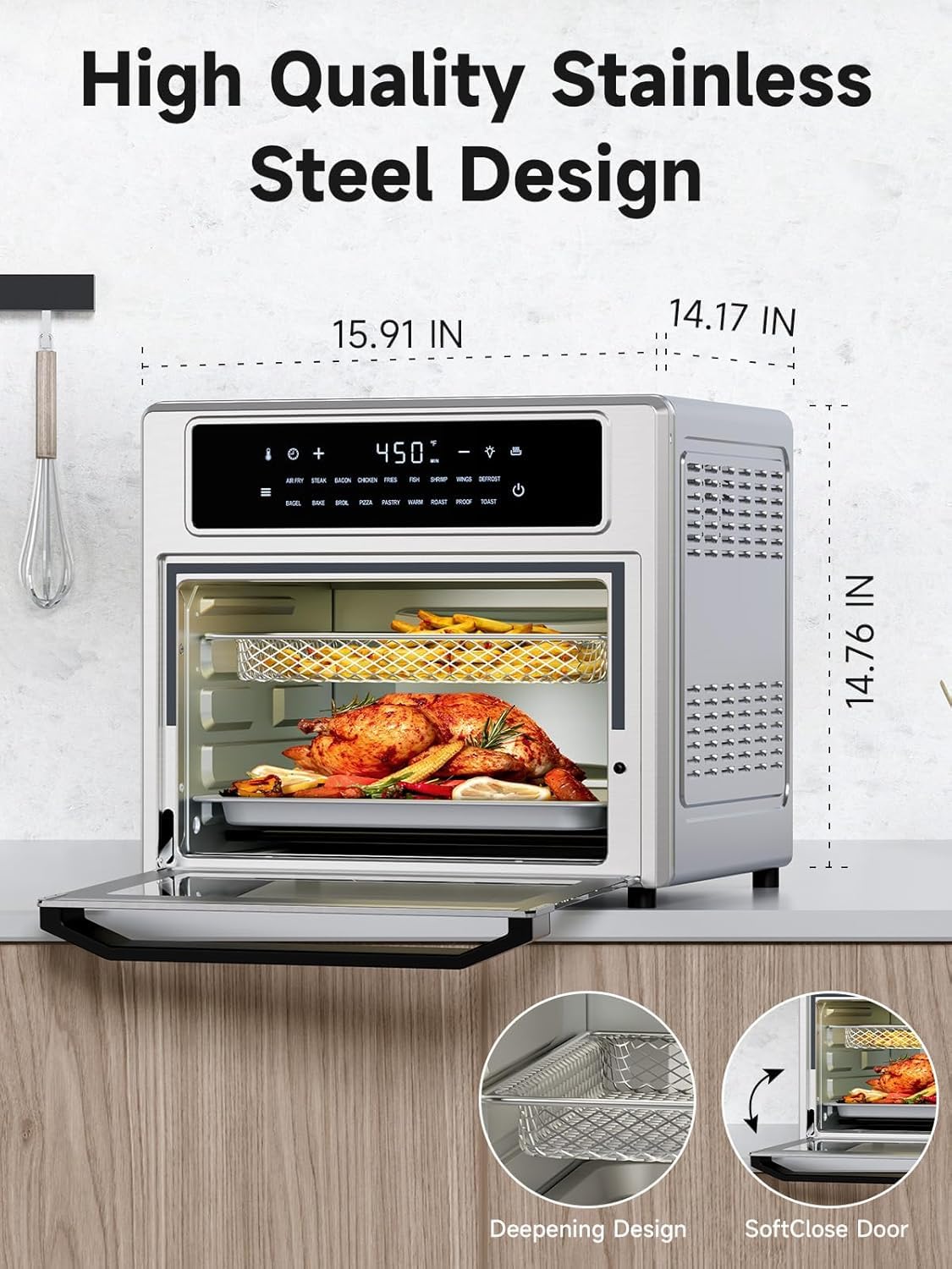 Kitchen Elite Air Fryer Toaster Oven Combo, 26.4 Qt Convection Oven Countertop, 18-in-1, Stainless Steel Large Airfryer, 4 Zone with Accessories, Digital Full Touch Screen, Easy to Clean