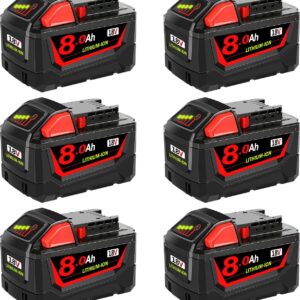 Dxotovs 6Pcs M-18 Battery 18V 8.0Ah Replacement for Milw M-18 Battery Compatible with Milw M-18 Lithium Battery 48-11-1890,48-11-1850, 48-11-1828, 48-11-1820,48-11-1815 Cordless Tools (6Pack-1-1)