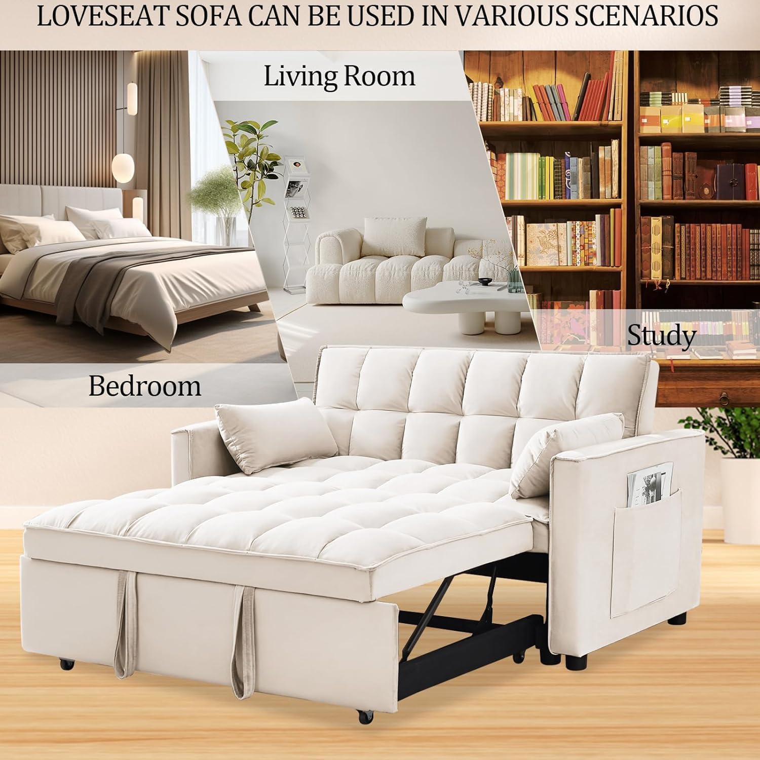 SPOWAY 3 in 1 Sleeper Sofa Couch Bed, Velvet Convertible Loveseat Sleeper Sofa with 3 Level Adjustable Backrest, Storage Pockets, Toss Pillows, Pull Out Loveseat Sleeper for Living Room, Beige