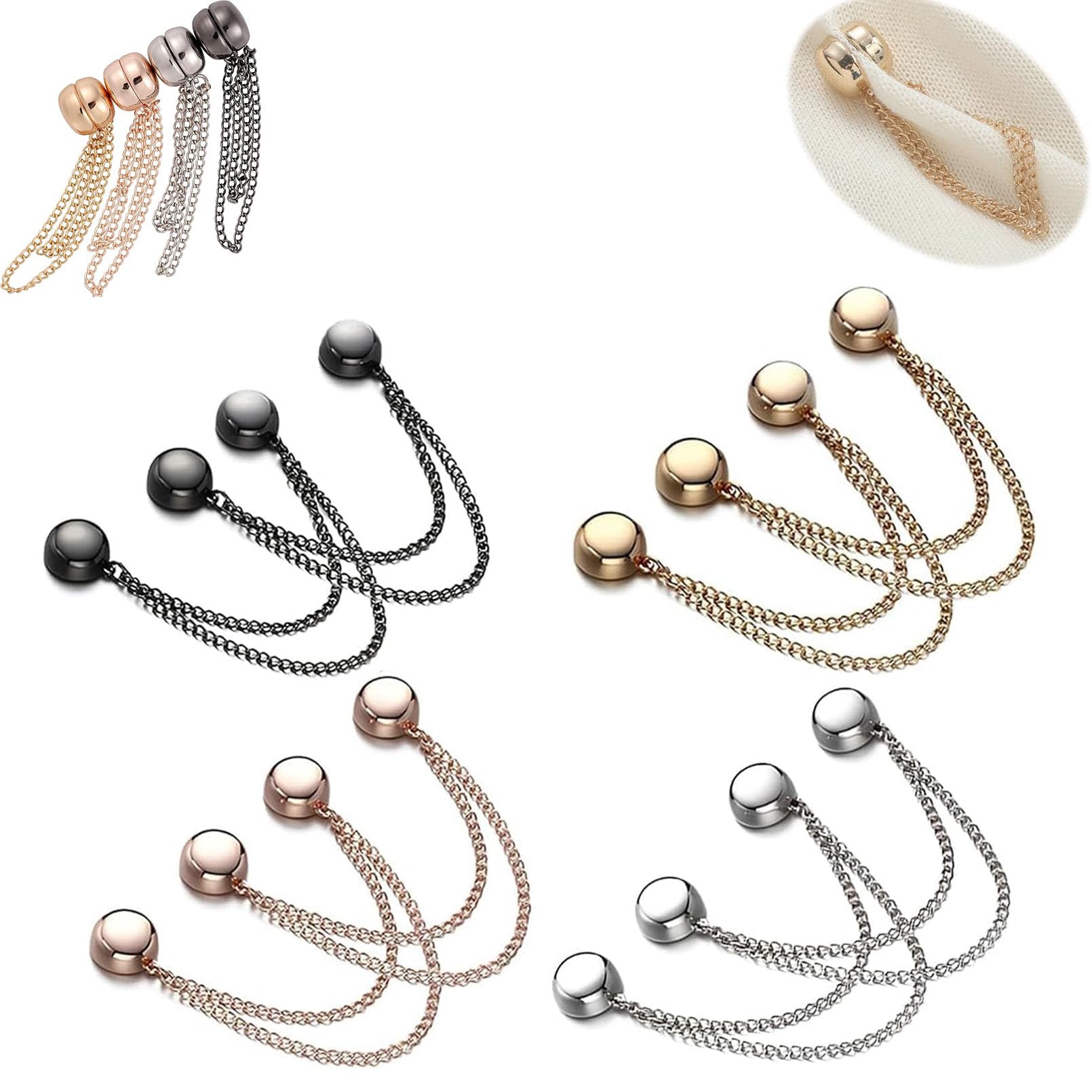 Multi-Function Magnetic Clothing Clips, 4 Pack Strongest Magnetic Strength Buttons Clips, Magnetic Shirt Accessories, Hijab Magnets with Chain, Shawl Clips for Women Magnetic Clothing Accessories