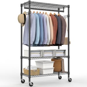 mzg heavy duty rolling garment rack 3 tiers adjustable wire shelving clothes rack with rods and side hooks,storage closet clothing rack with wheels black 15.7" d x 29.5" w x 74.5" h