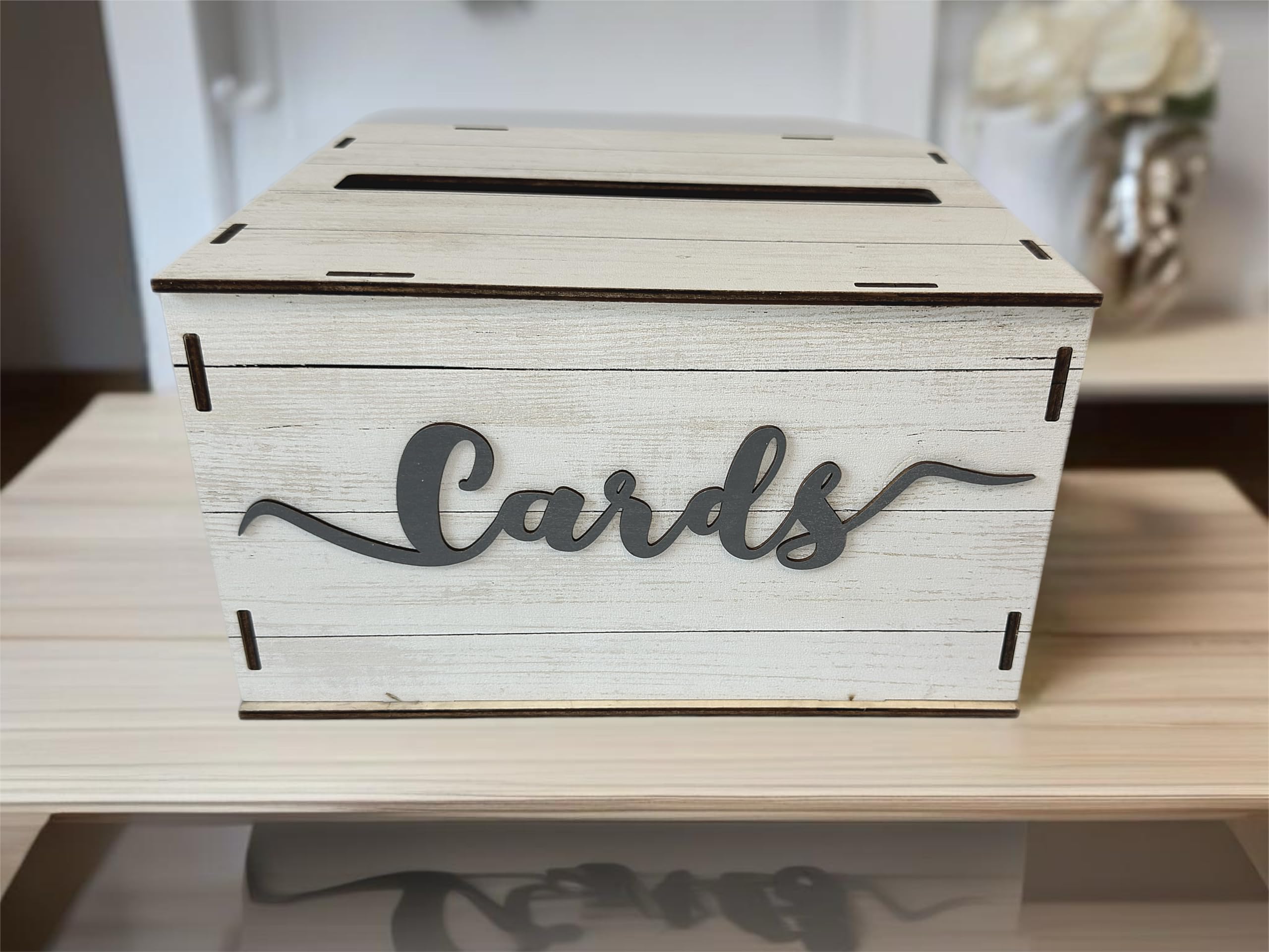 Wooden Wedding Card Box for Reception money Envelopes,Bridal & baby Showers, Graduations or engagements (Rustic White)