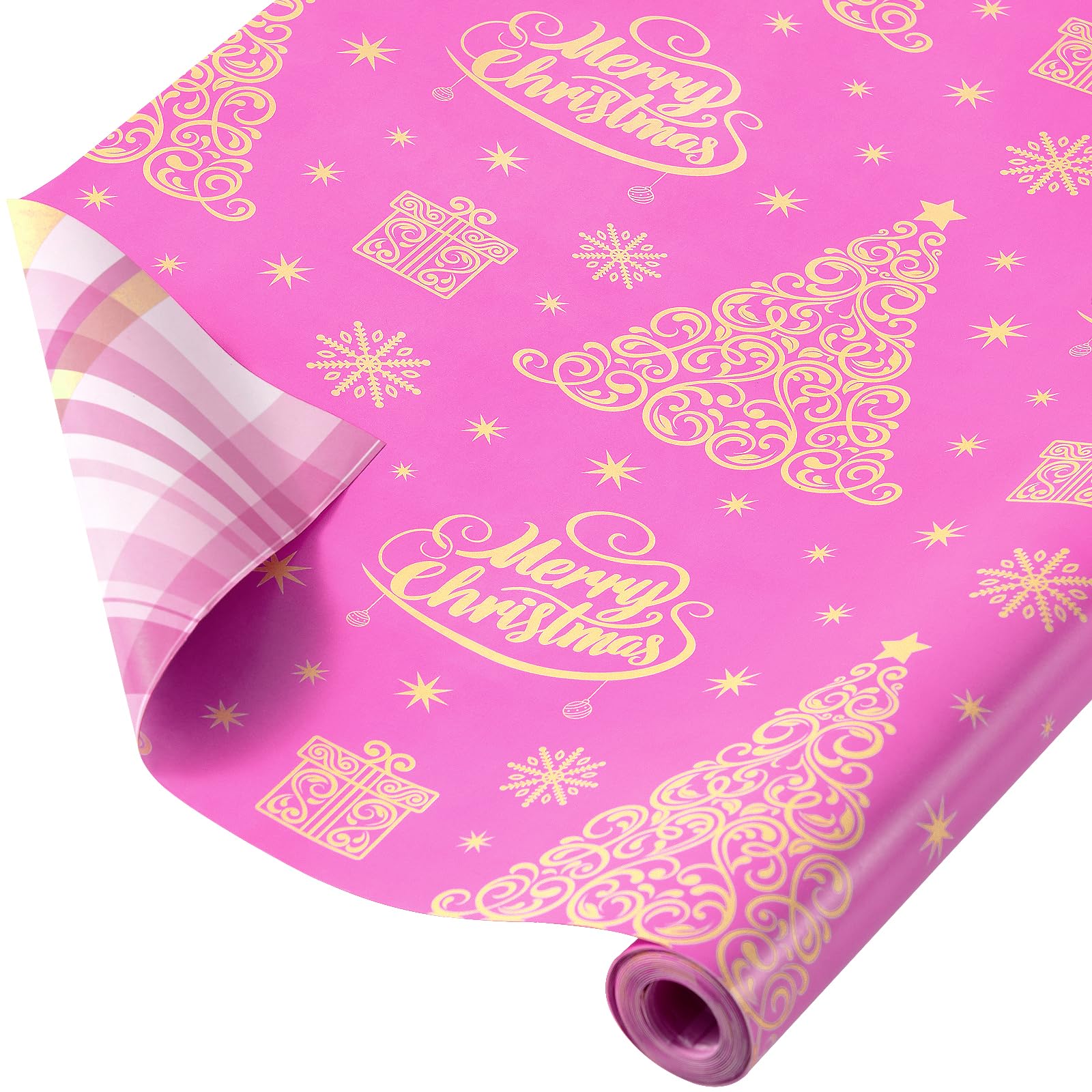 EWES Pink Christmas Wrapping Paper Rolls Cute Kids Reversible Tree Thick Aesthetic Elegant Gift Wrap Sheets Heavy Duty Girls Girly Princess Total 28.5sq.ft