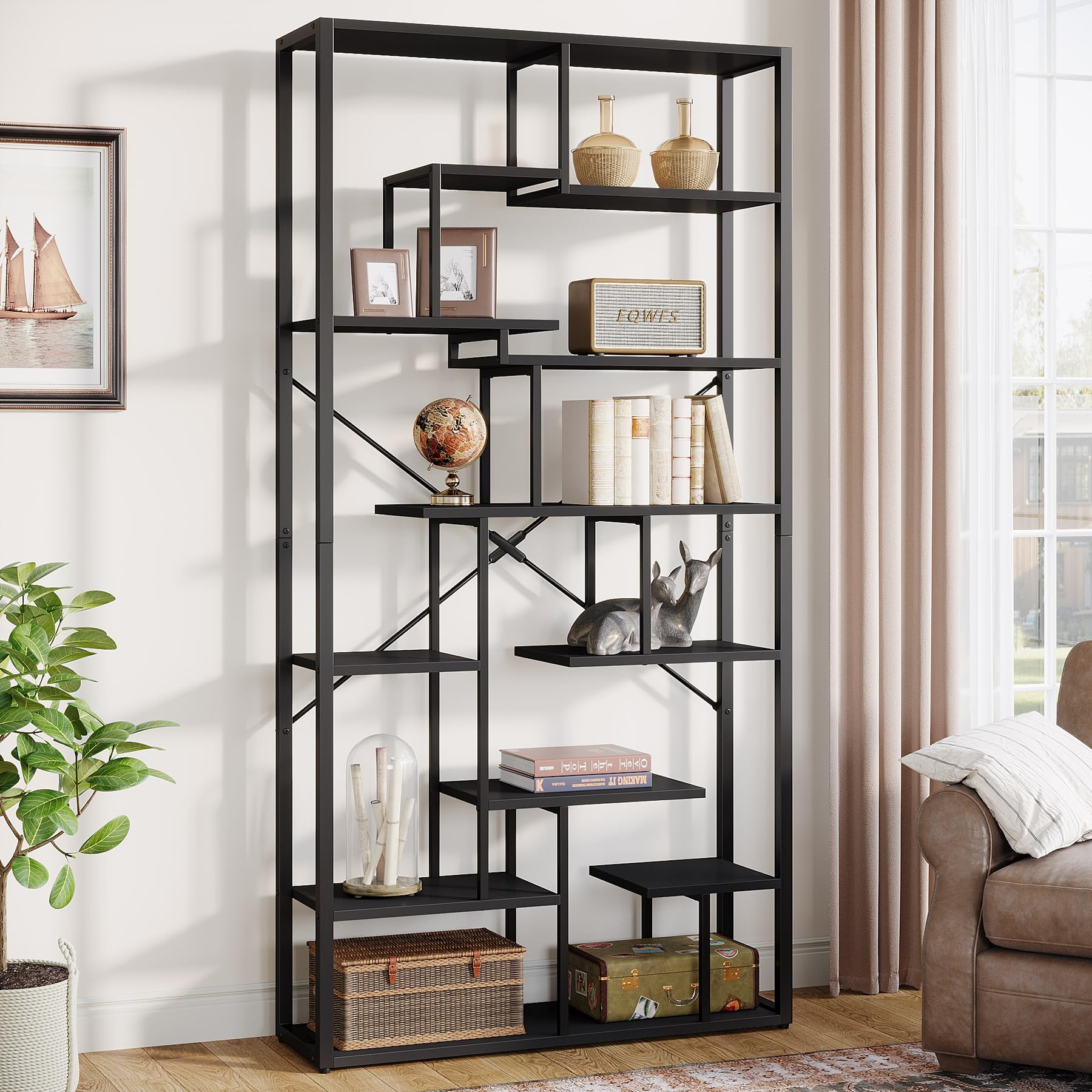 Tribesigns 79'' Tall Etagere Bookshelf, 7-Tier Black Bookcase with 12-Open Storage Shelves, Modern Vertical Wood Display Shelving Unit for Living Room, Home Office, Bedroom, Black