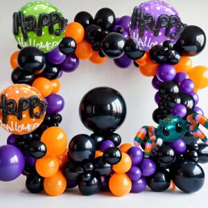 synuo 130pcs halloween balloon garland arch kit, 4d colored spider foil balloon, purple orange black halloween balloon arch kit, halloween spider themed baby shower party decoration