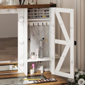 FREDEES Farmhouse Vanity Desk with Mirror and Lights, Makeup Vanity Table with 6 Drawers/Large Storage,White Dressing Table 3 Colors Adjustable Lighting Brightness & Charging Station for Women