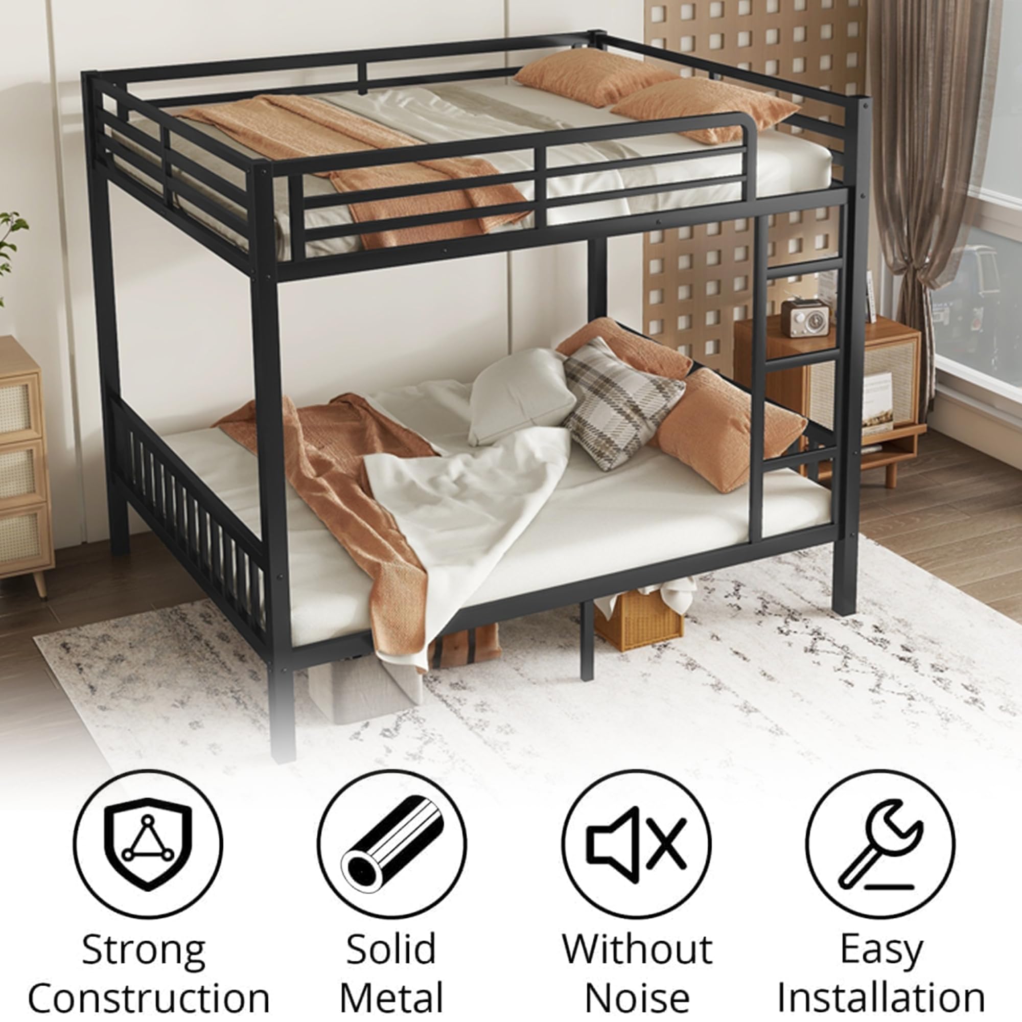 Mirightone Queen Over Queen Bunk Beds for Adults, Metal Bunk Bed Queen Size,Heavy-Duty Bunk Bed Frame with Ladder and Slats Support for Boys Girls,Space-Saving,Noise Reduced,Black