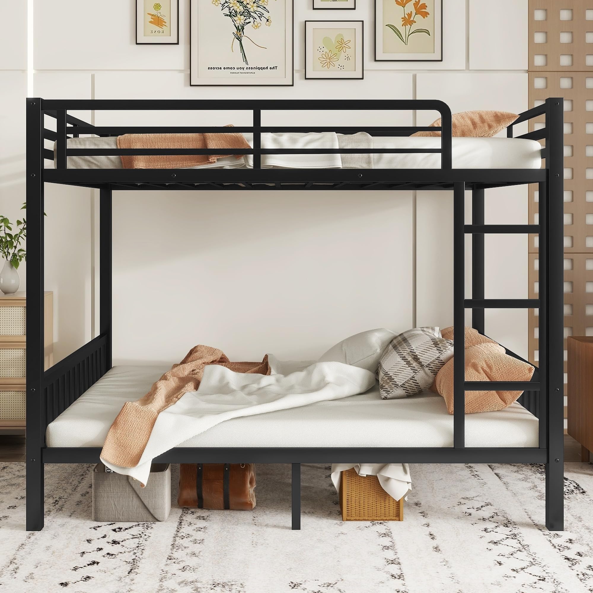 Mirightone Queen Over Queen Bunk Beds for Adults, Metal Bunk Bed Queen Size,Heavy-Duty Bunk Bed Frame with Ladder and Slats Support for Boys Girls,Space-Saving,Noise Reduced,Black