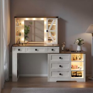 fredees farmhouse vanity desk with mirror and lights, makeup vanity table with 6 drawers/large storage,white dressing table 3 colors adjustable lighting brightness & charging station for women