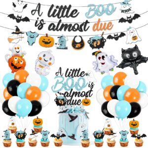 53pcs blue halloween baby shower decorations include a little boo is almost due banner ghost bat monster foil balloons cake topper and latex balloons for kids halloween boo baby shower party supplies