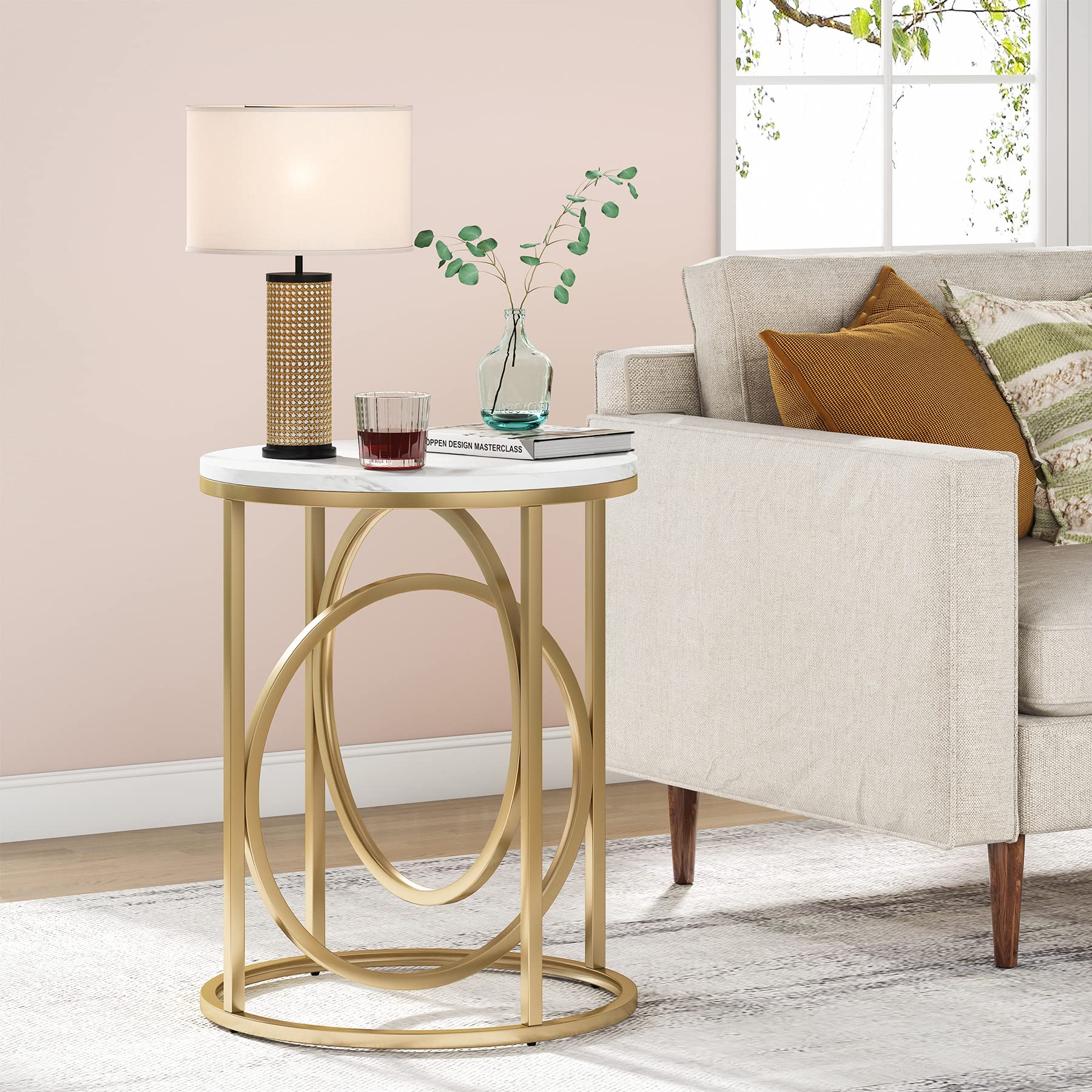 Tribesigns Round Gold End Table - Set of 2, Faux Marble Side Table w/O-Shaped Metal Base, 20" Wide Tabletop, White and Gold Accent Table Small Round Nightstand for Living Room, Bedroom, Small Spaces