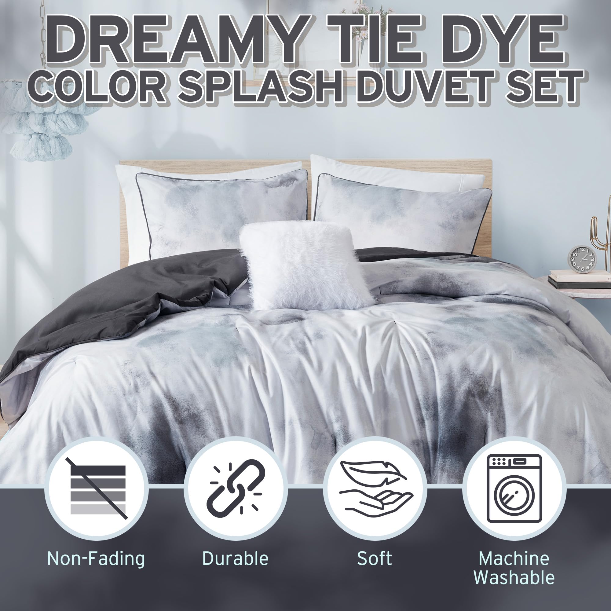 Intelligent Design Duvet Cover Twin Bedding Sets for Girls & Boys Watercolor Tie Dye Twin Duvet Cover Set Kids, Microfiber Twin Size Duvet Cover Set, Pillow Cassiopeia, Twin/Twin XL, Charcoal 3 Piece